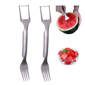 2 in 1 watermelon fork slicer, upgrade watermelon slicer cutter, summer watermelon fruit cutting fork, dual head stainless steel fruit forks slicer knife (a, 2 pack)