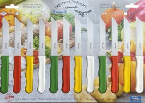 fixwell stainless steel knife set, 12-piece, white, red, green , yellow, 3 inch