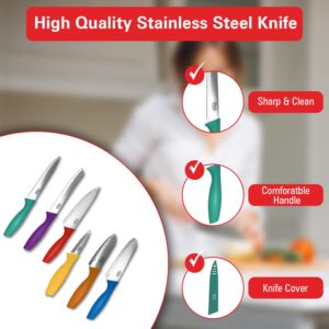 Alpine Cuisine Cutlery Stainless Steel Knife Set 7pc with Color Handle & Sheath, Ultra Sharp Kitchen Knife Set, Ergonomic Multi-Color Plastic Handle, Superb Edge Retention, Knife Set for Kitchen