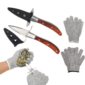 anglekai oyster shucking knife with 4 gloves, shucker oyster knife set of 2 stainless steel oyster shucker kit with oyster shucking gloves stab resistant for oysters, ark shell, clams