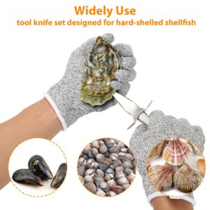 Anglekai Oyster Shucking Knife with 4 Gloves, Shucker Oyster Knife Set of 2 Stainless Steel Oyster Shucker kit with Oyster Shucking Gloves Stab Resistant for Oysters, Ark Shell, Clams