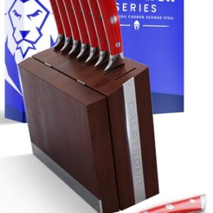 DALSTRONG Steak Knife Set - 8 Piece - 5 inch Straight Edge Blade - Gladiator Series Elite - Forged High-Carbon German Steel Dinner Kitchen Knife - Red ABS Handle - Folding Block Set - NSF Certified