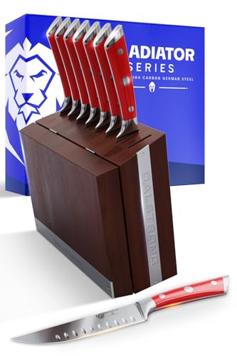 DALSTRONG Steak Knife Set - 8 Piece - 5 inch Straight Edge Blade - Gladiator Series Elite - Forged High-Carbon German Steel Dinner Kitchen Knife - Red ABS Handle - Folding Block Set - NSF Certified