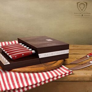 DALSTRONG Steak Knife Set - 8 Piece - 5 inch Straight Edge Blade - Gladiator Series Elite - Forged High-Carbon German Steel Dinner Kitchen Knife - Red ABS Handle - Folding Block Set - NSF Certified