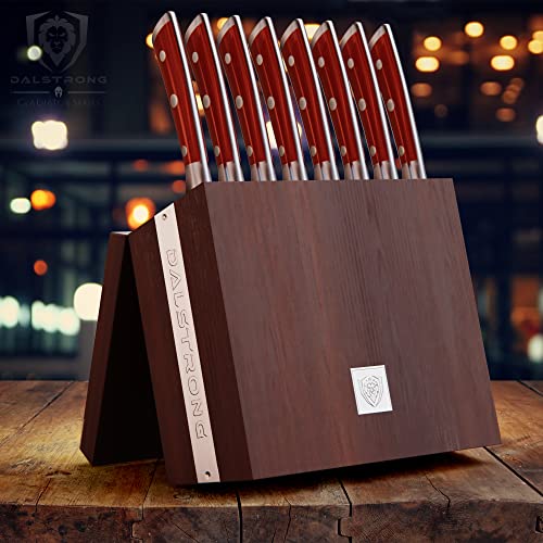 DALSTRONG Steak Knife Set - 8 Piece - 5 inch Straight Edge Blade - Gladiator Series Elite - Forged High-Carbon German Steel Dinner Kitchen Knife - Red ABS Handle - Folding Block Set - NSF Certified