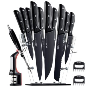 oou kitchen knife block set - 15 pieces premium black knife set, dishwasher safe knife set with sharpener, german stainless steel chef knives set, ultra sharp modern knife sets with acrylic stand