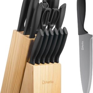 D.Perlla Knife Set with Block, 15 Pieces Stainless Steel Kitchen Knife Set with BO Oxidation Technology, No Rust, Sharp Knife Block Set