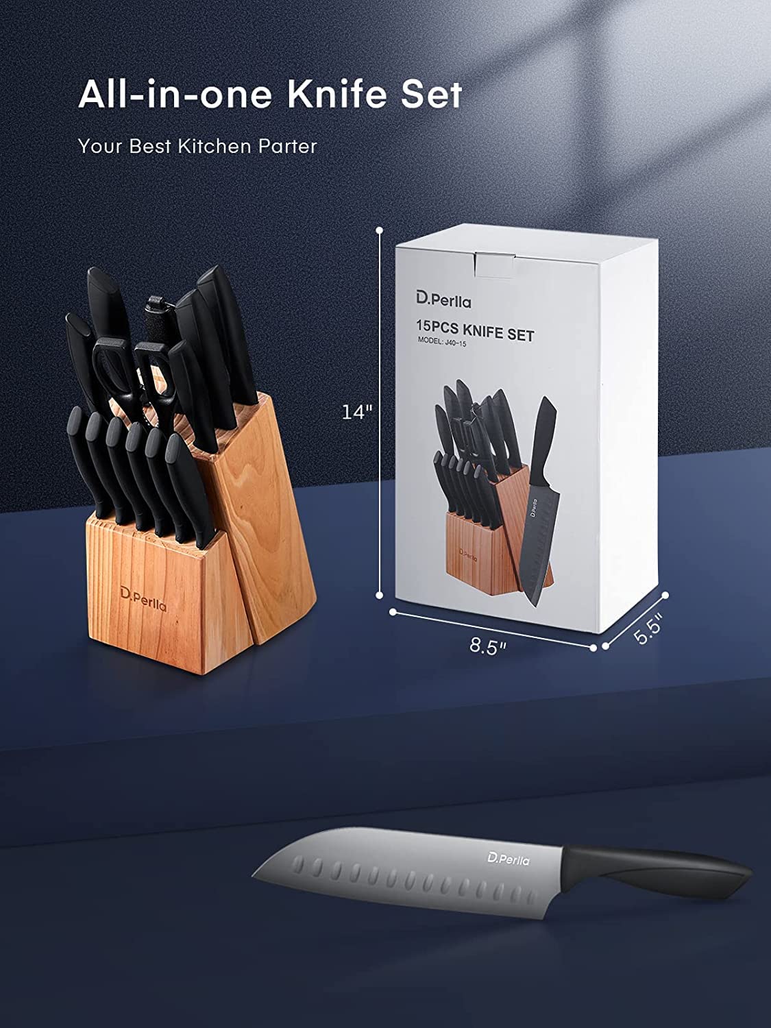 D.Perlla Knife Set with Block, 15 Pieces Stainless Steel Kitchen Knife Set with BO Oxidation Technology, No Rust, Sharp Knife Block Set