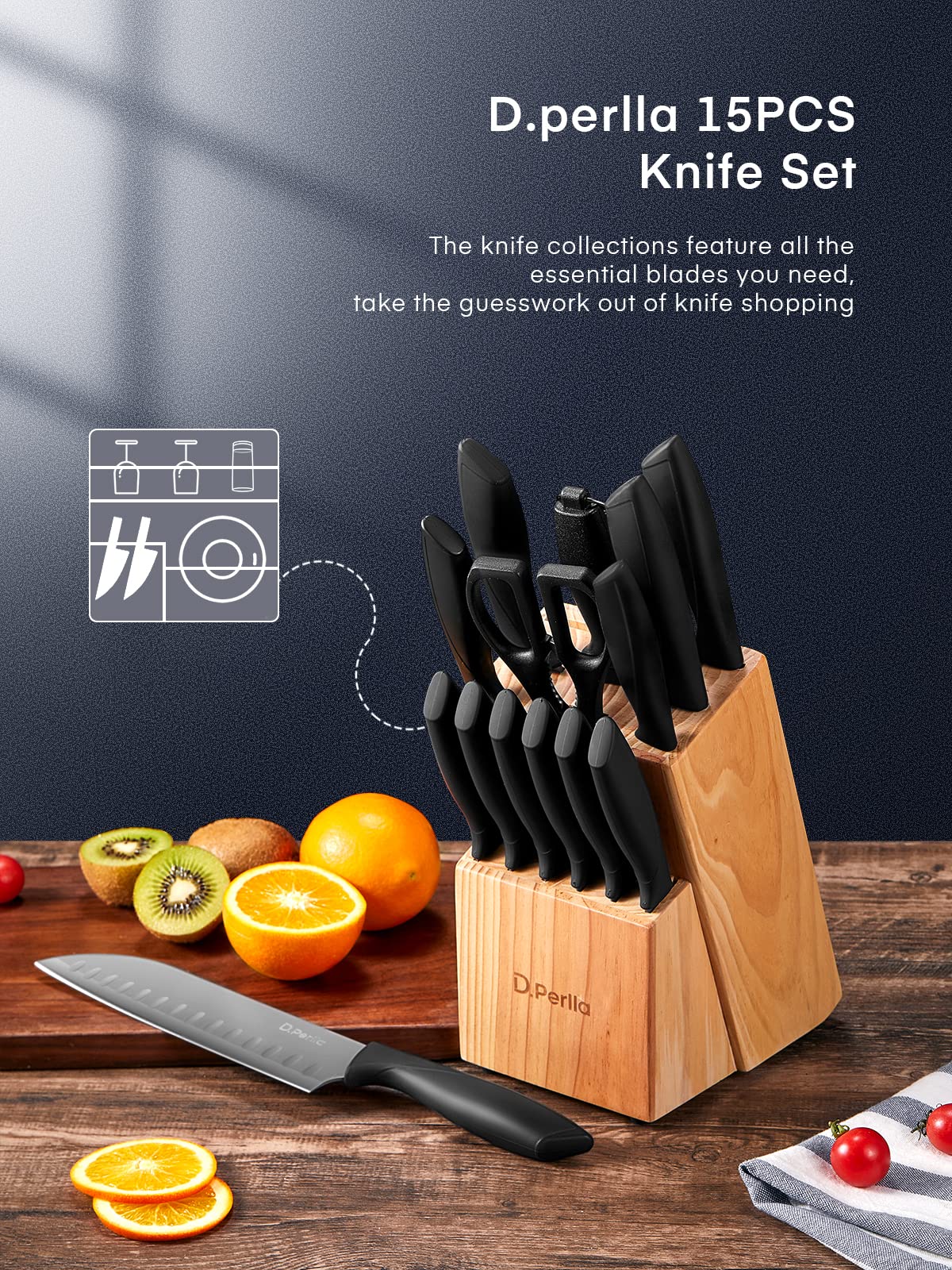 D.Perlla Knife Set with Block, 15 Pieces Stainless Steel Kitchen Knife Set with BO Oxidation Technology, No Rust, Sharp Knife Block Set