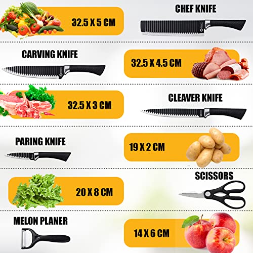 omoft 6 Pcs Kitchen Knife Knives Set Professional Sharp Stainless Steel Chef tools includes Steak small Cleaver Carving Knife Paring Knife Scissor German type Ceramic Peeler ''meat cutter'' butcher