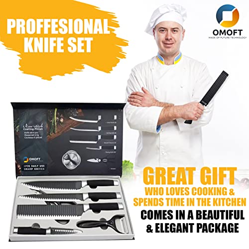 omoft 6 Pcs Kitchen Knife Knives Set Professional Sharp Stainless Steel Chef tools includes Steak small Cleaver Carving Knife Paring Knife Scissor German type Ceramic Peeler ''meat cutter'' butcher