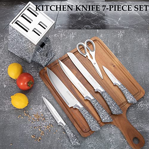 RETROSOHOO Kitchen Knife Set, 7-Pieces Grey Spray Paint Stainless Steel Chef Knife Set Sets with Knife Holder,Non-slip Ergonomic Handle Sharp Cooking Knives Sets with Gift Box for Men Women (Grey)