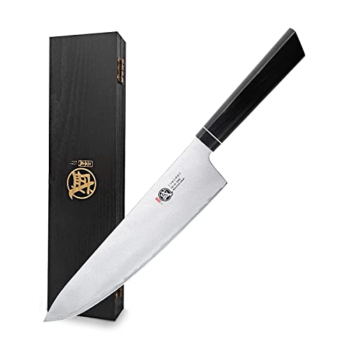 MITSUMOTO SAKARI 8 inch Gyuto Cooking Knife, Hand Forged Kitchen Meat Knife, Professional Japanese Chef Knife (G10 Handle & Gift Box)