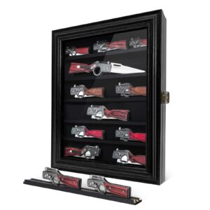 knife display case 6 rows pocket knife display case for wall military folding knife shadow box cabinet for collections with hd toughened glass door,removable 2 grooves shelves ,black