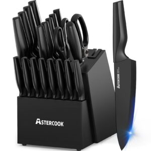 knife set, astercook 21 pieces knife sets for kitchen with block, dishwasher safe kitchen knife set with built-in sharpener, german stainless steel black knife block set