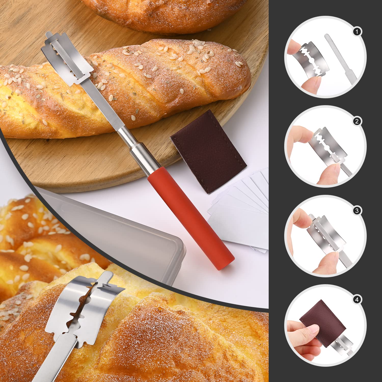 flagood Stainless Steel 18/8 Bread Lame Tool with 10 Replacement Blades Included with Silicone Covered Handle - Dough Scoring knife for Sourdough Bread Slashing with Storage Box