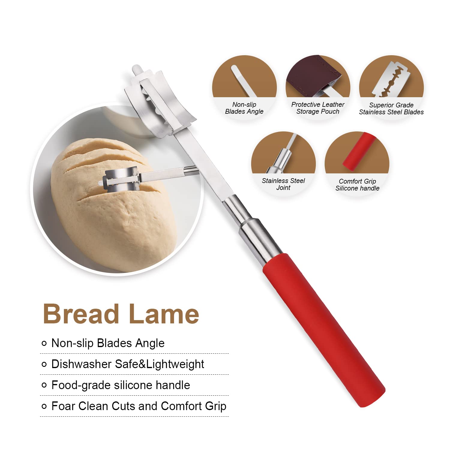 flagood Stainless Steel 18/8 Bread Lame Tool with 10 Replacement Blades Included with Silicone Covered Handle - Dough Scoring knife for Sourdough Bread Slashing with Storage Box