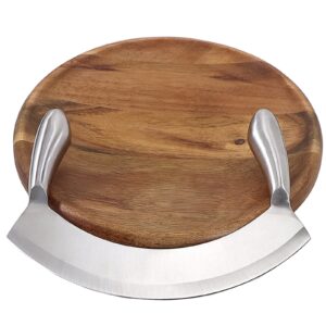 8.7 inch mezzaluna knife with wood cutting board - stainless steel salad chopper rocker pizza cutter rocker knife curved blade sharp blade double handle fruit vegetable mincing knife