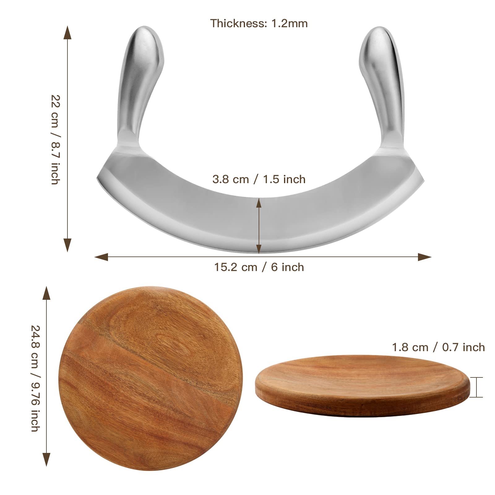 8.7 Inch Mezzaluna Knife With Wood Cutting Board - Stainless Steel Salad Chopper Rocker Pizza Cutter Rocker Knife Curved Blade Sharp Blade Double Handle Fruit Vegetable Mincing Knife