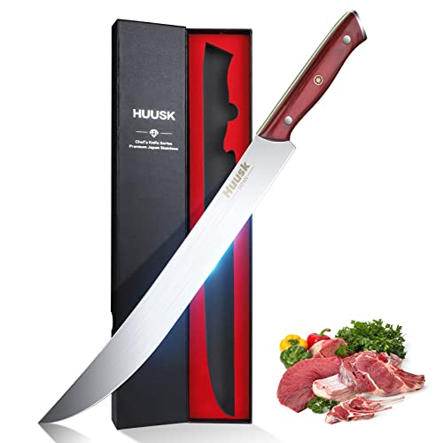 Huusk Cimitar Breaking Knife 12 inch, Curved Butcher Knife for Meat Cutting Sharp Brisket Knife Carving Knife Full Tang Meat Cleaver with Rosewood Handle for Meats Big Vegetables Christmas Gift