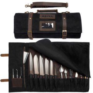 asaya waxed canvas knife roll - 15 knife slots, card holder and large zippered pocket - genuine leather, cloth and brass buckles - for chefs and culinary students - knives not included