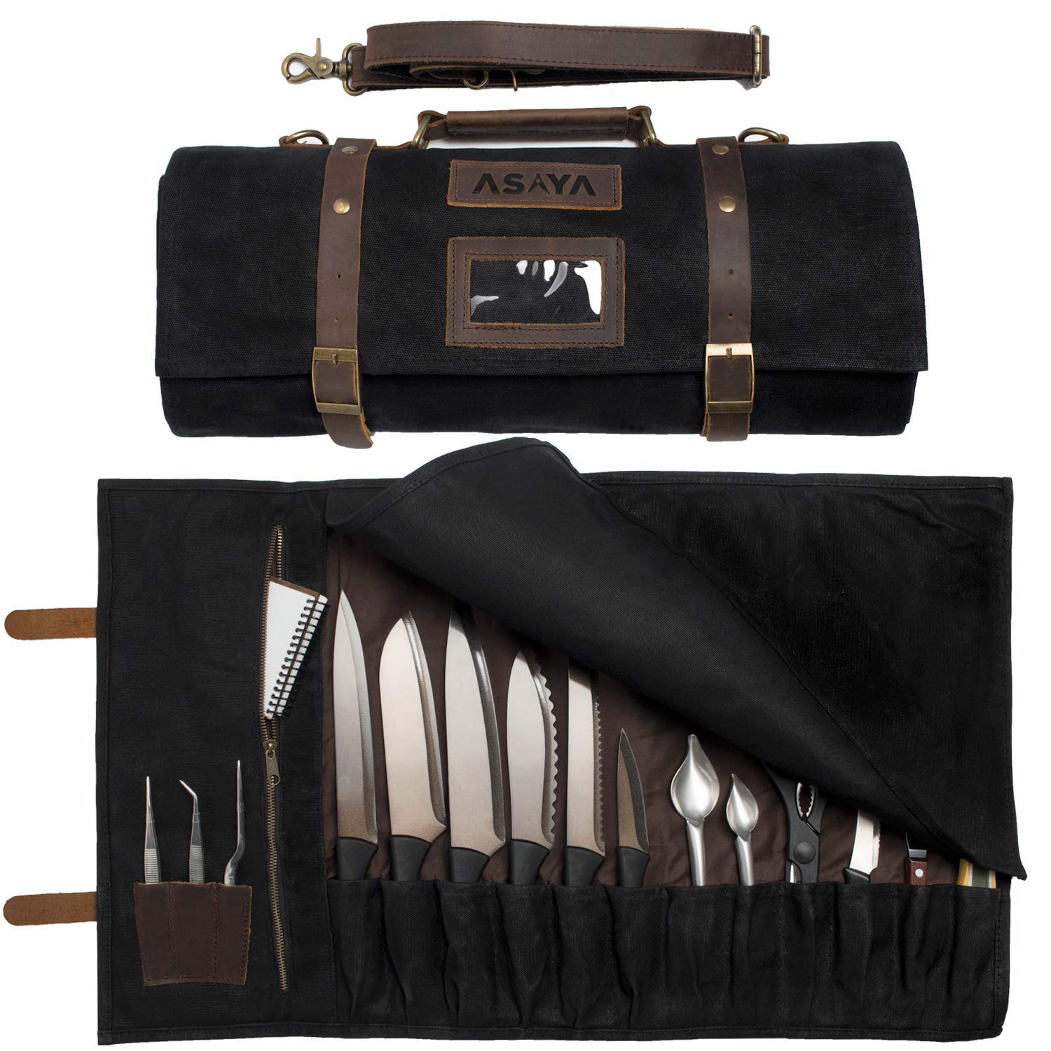 Asaya Waxed Canvas Knife Roll - 15 Knife Slots, Card Holder and Large Zippered Pocket - Genuine Leather, Cloth and Brass Buckles - for Chefs and Culinary Students - Knives Not Included