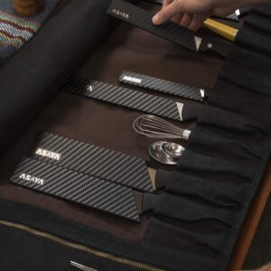 Asaya Waxed Canvas Knife Roll - 15 Knife Slots, Card Holder and Large Zippered Pocket - Genuine Leather, Cloth and Brass Buckles - for Chefs and Culinary Students - Knives Not Included