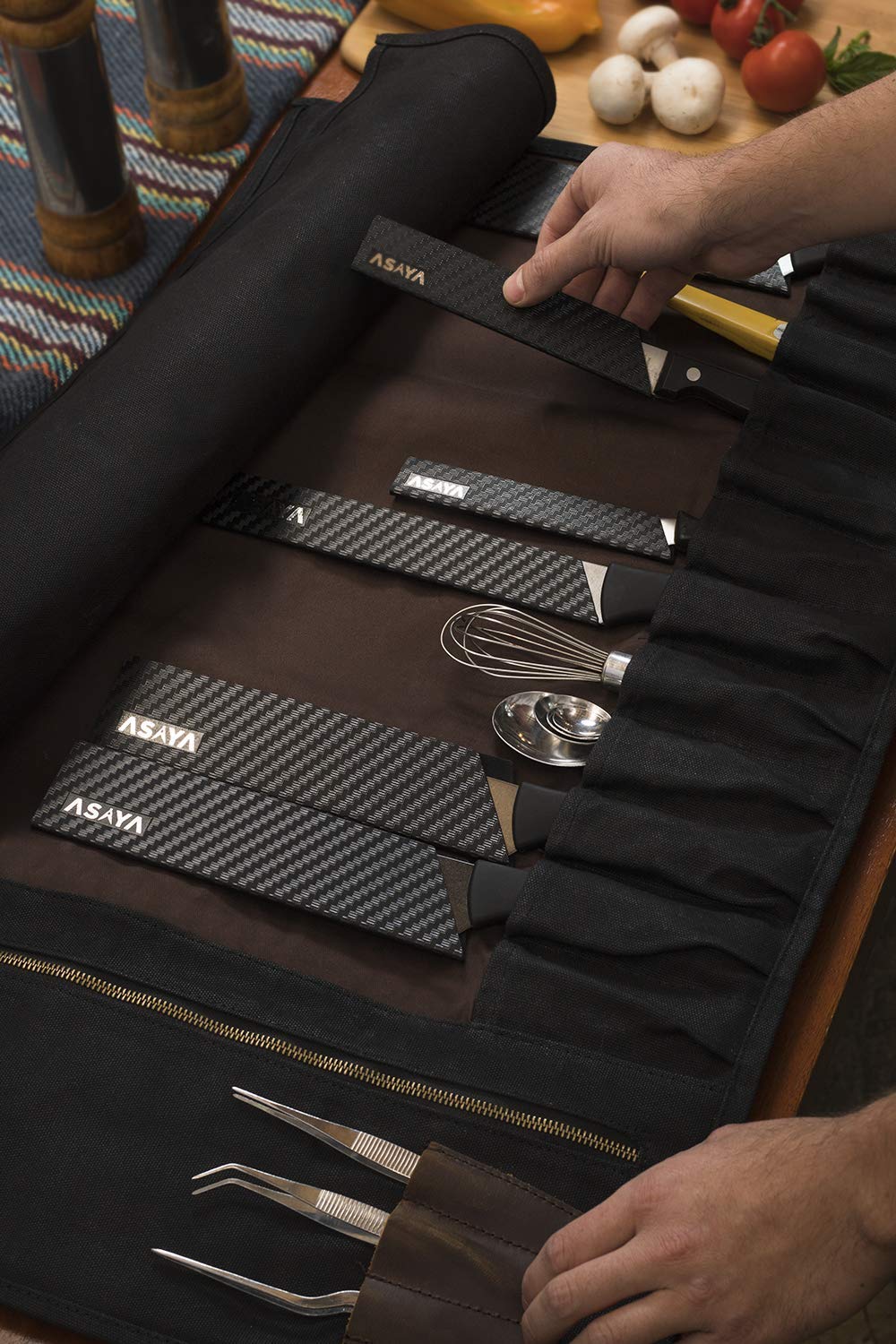 Asaya Waxed Canvas Knife Roll - 15 Knife Slots, Card Holder and Large Zippered Pocket - Genuine Leather, Cloth and Brass Buckles - for Chefs and Culinary Students - Knives Not Included