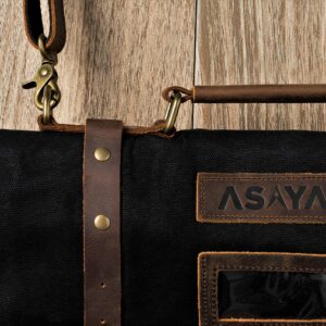 Asaya Waxed Canvas Knife Roll - 15 Knife Slots, Card Holder and Large Zippered Pocket - Genuine Leather, Cloth and Brass Buckles - for Chefs and Culinary Students - Knives Not Included