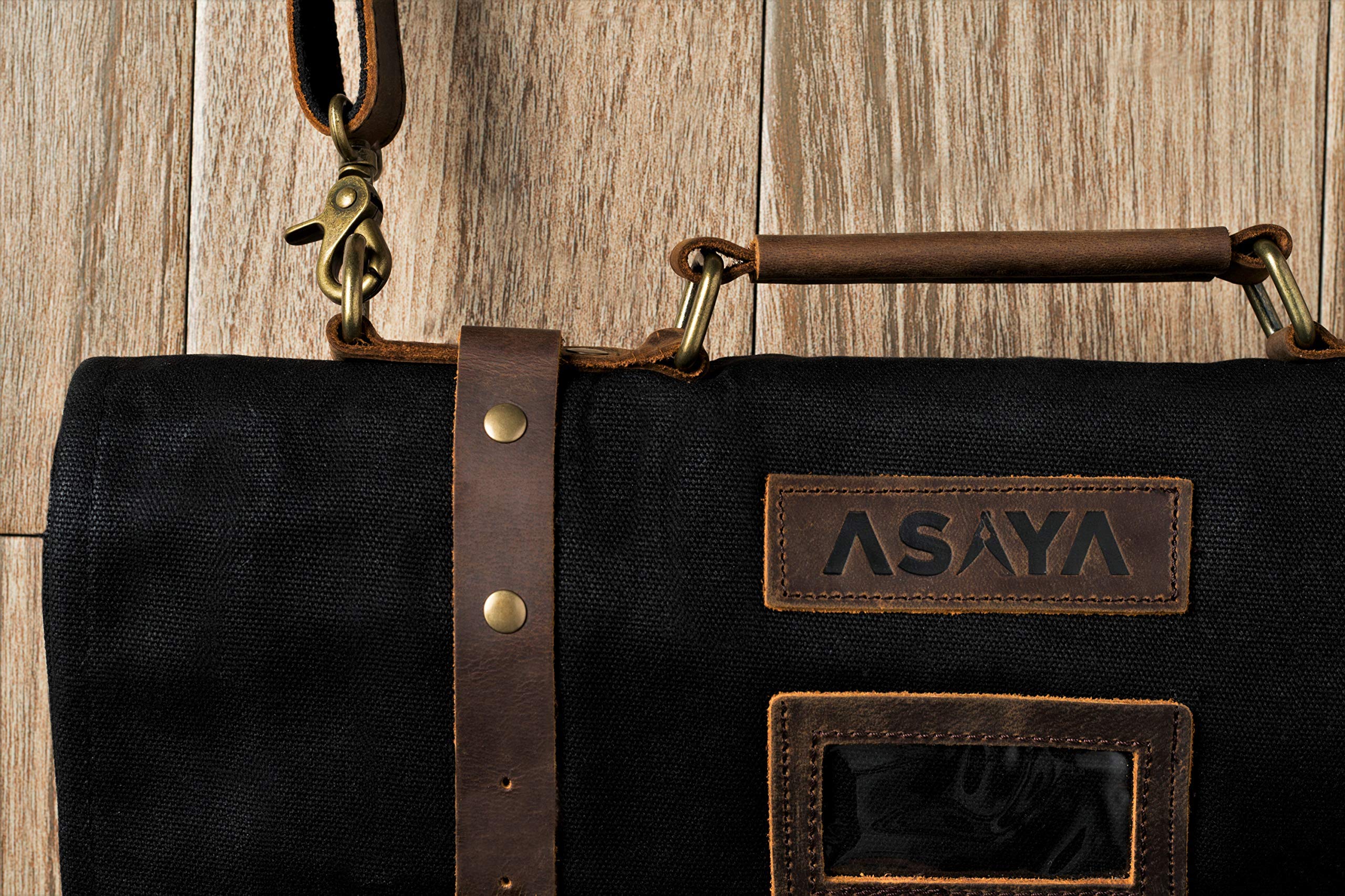 Asaya Waxed Canvas Knife Roll - 15 Knife Slots, Card Holder and Large Zippered Pocket - Genuine Leather, Cloth and Brass Buckles - for Chefs and Culinary Students - Knives Not Included