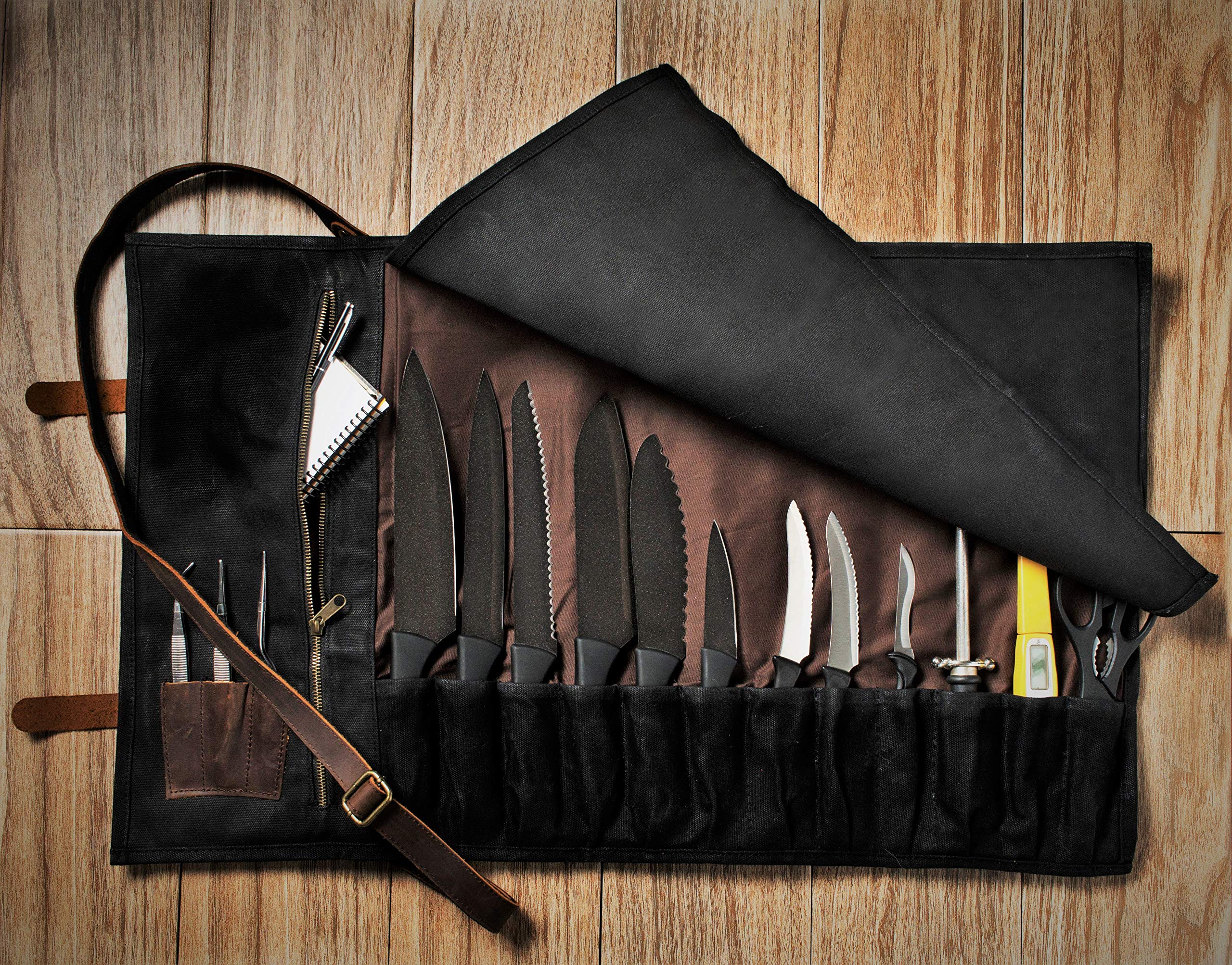 Asaya Waxed Canvas Knife Roll - 15 Knife Slots, Card Holder and Large Zippered Pocket - Genuine Leather, Cloth and Brass Buckles - for Chefs and Culinary Students - Knives Not Included