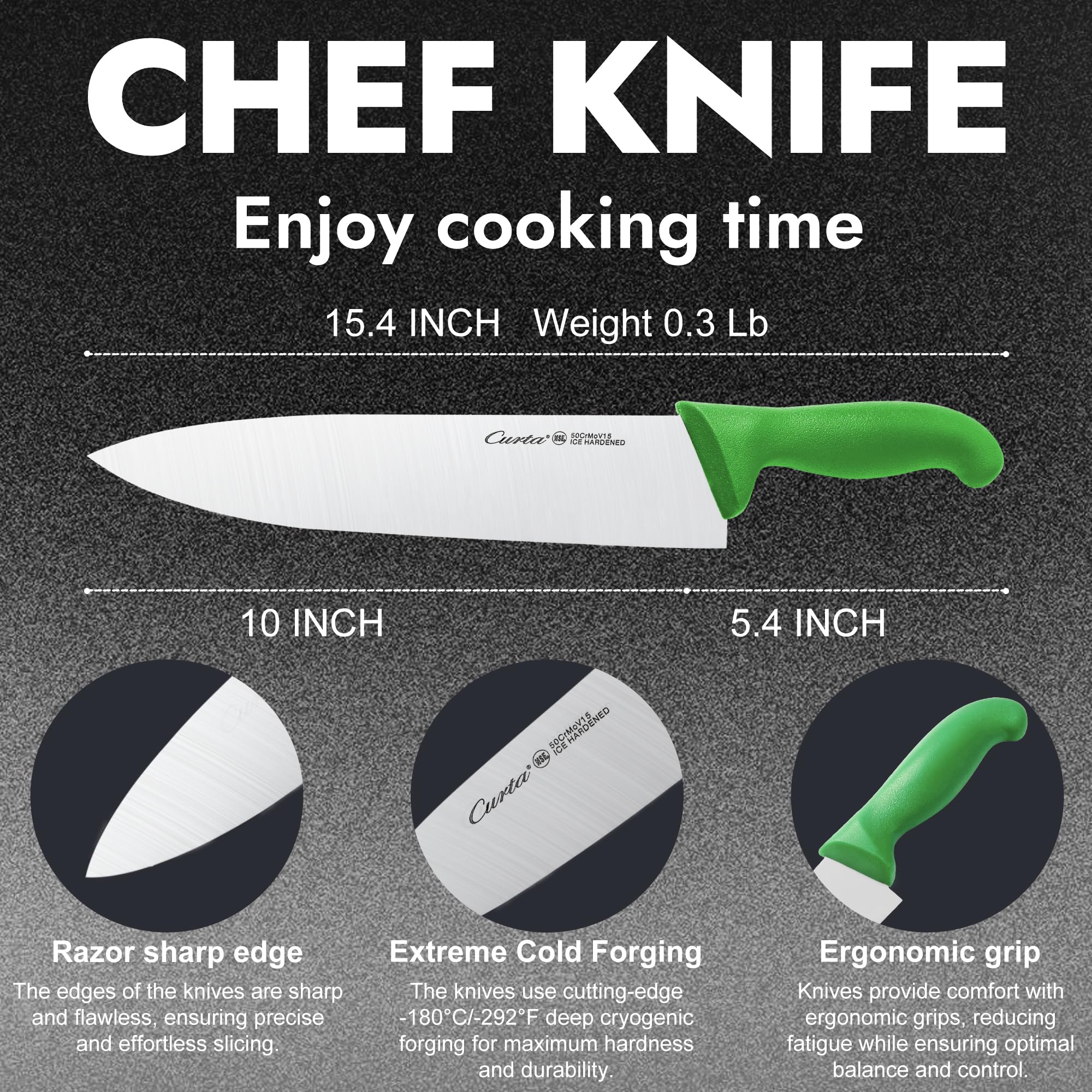 CURTA Chef Knife,NSF,10 Inch Professional Kitchen Knife For Carbon Stainless Steel With Ergonomic Handle,Dishwasher Safe, Scratch Resistant and Rust Proof(Green)