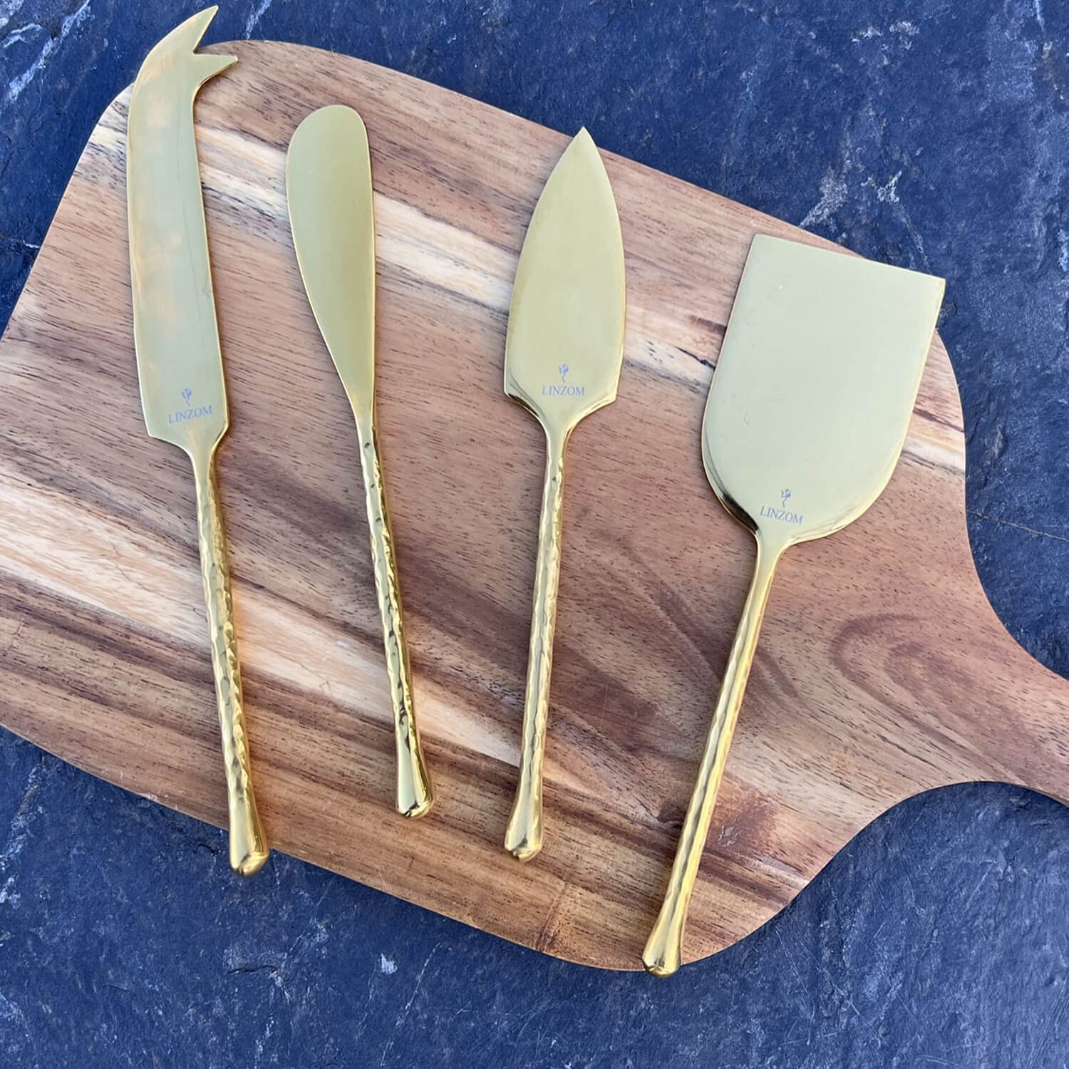 LINZOM Gold Cheese Knives, Cheese Knife Set for Charcuterie Board, Hand Forged Charcuterie Utensils 4PCS, House Warming Gift New Home, Wedding Gifts, Bridal Shower Gift for Women