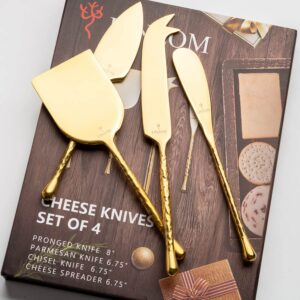 LINZOM Gold Cheese Knives, Cheese Knife Set for Charcuterie Board, Hand Forged Charcuterie Utensils 4PCS, House Warming Gift New Home, Wedding Gifts, Bridal Shower Gift for Women