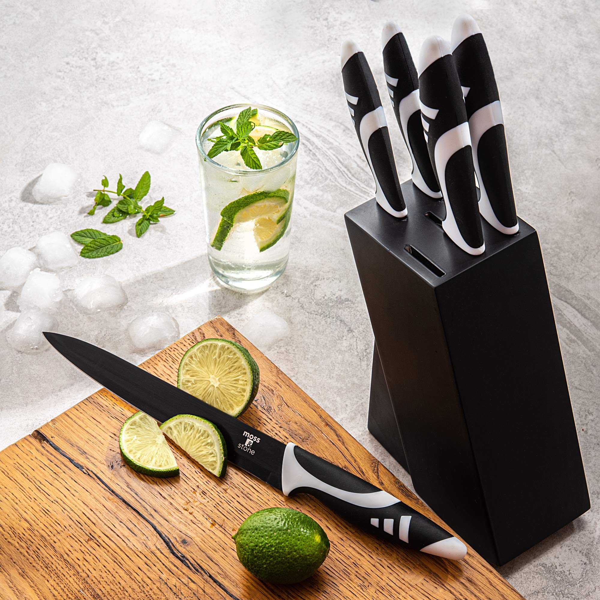 Moss & Stone Professional Kitchen Knife Chef Set, Knife Set With Block, Kitchen Knife Set Black Titanium Plated Stainless Steel Scratch Resistant & Rust Proof, 7pcs Sharp Kitchen Knives.