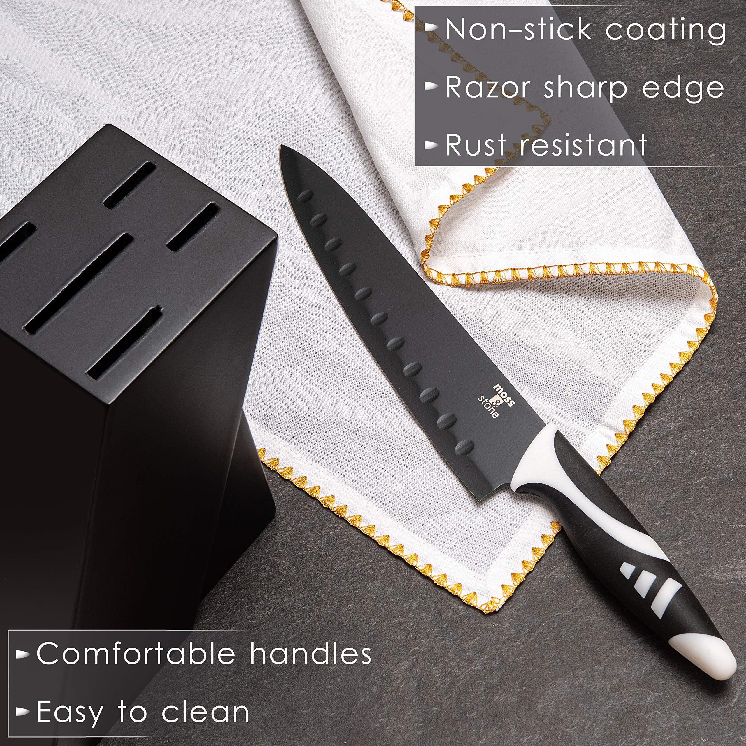 Moss & Stone Professional Kitchen Knife Chef Set, Knife Set With Block, Kitchen Knife Set Black Titanium Plated Stainless Steel Scratch Resistant & Rust Proof, 7pcs Sharp Kitchen Knives.