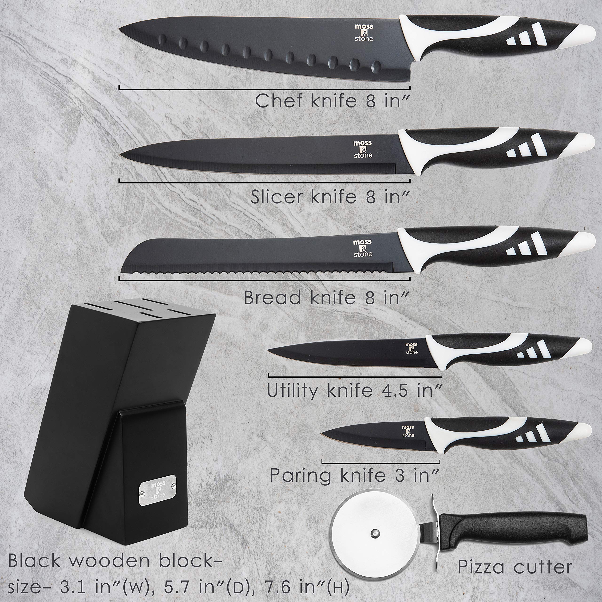 Moss & Stone Professional Kitchen Knife Chef Set, Knife Set With Block, Kitchen Knife Set Black Titanium Plated Stainless Steel Scratch Resistant & Rust Proof, 7pcs Sharp Kitchen Knives.