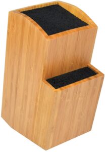 bamboo universal knife block - extra large two-tiered slotless wooden knife stand, organizer & holder - convenient safe storage for large & small knives & utensils - easy to clean removable bristles