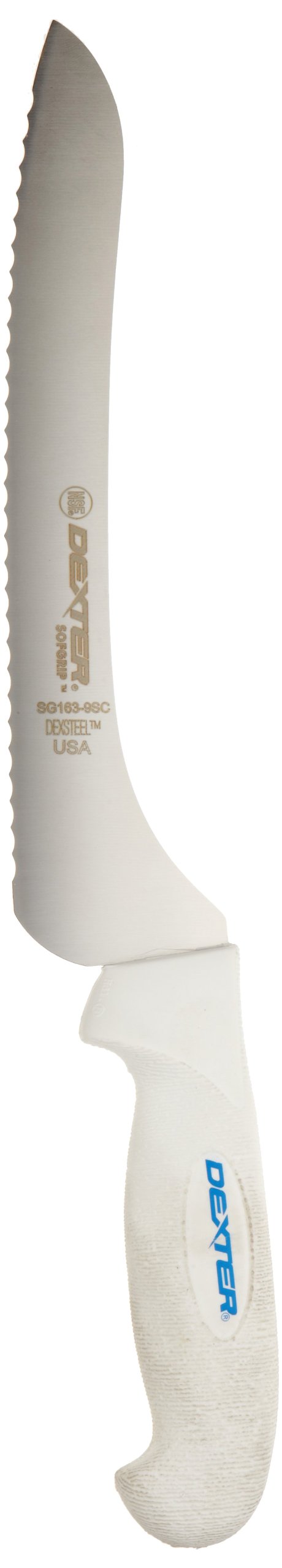 Dexter-Russell SofGrip SG163-9SC-PCP 9" White Scalloped Offset Sandwich Knife with Soft Rubber Grip Handle