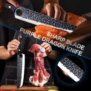 Purple Dragon 7 Inch Ultra Sharp Blade Boning Knife with 7.5 Inch Meat Cleaver Fish Fillet