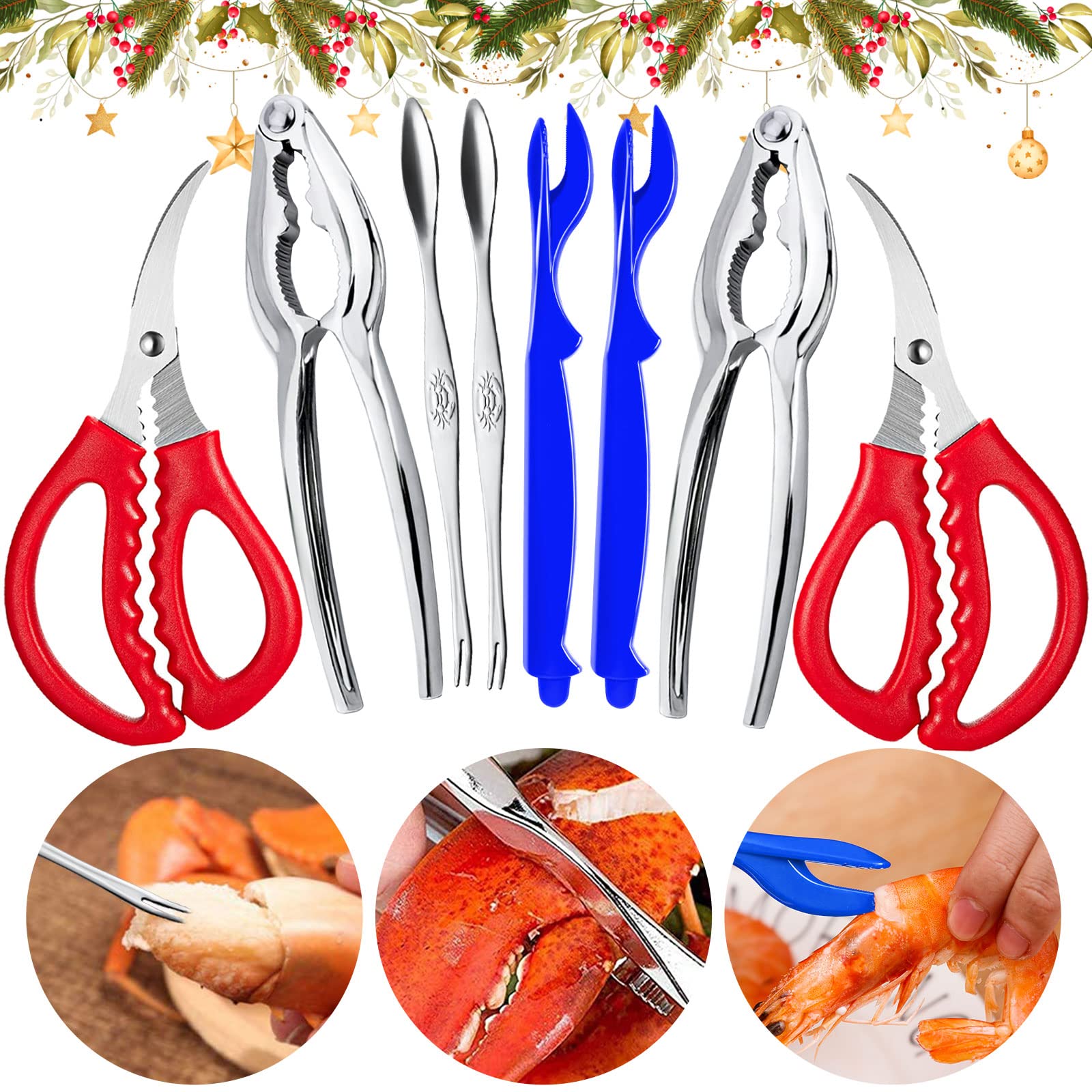 Crab Leg Crackers and Tools, Seafood Tools Set and Picks Set includes 2 Crab Crackers, 2 Lobster Shell Forks, 2 Crab Leg Forks, 2 Seafood Scissors and 1 Storage Bag