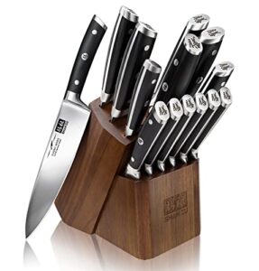 kitchen knife set with block, shan zu 14-piece professional high carbon german chef knife block set with sharpener, knife sets for kitchen with block