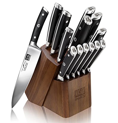 Kitchen Knife Set with Block, SHAN ZU 14-Piece Professional High Carbon German Chef Knife Block Set with Sharpener, Knife Sets for Kitchen with Block