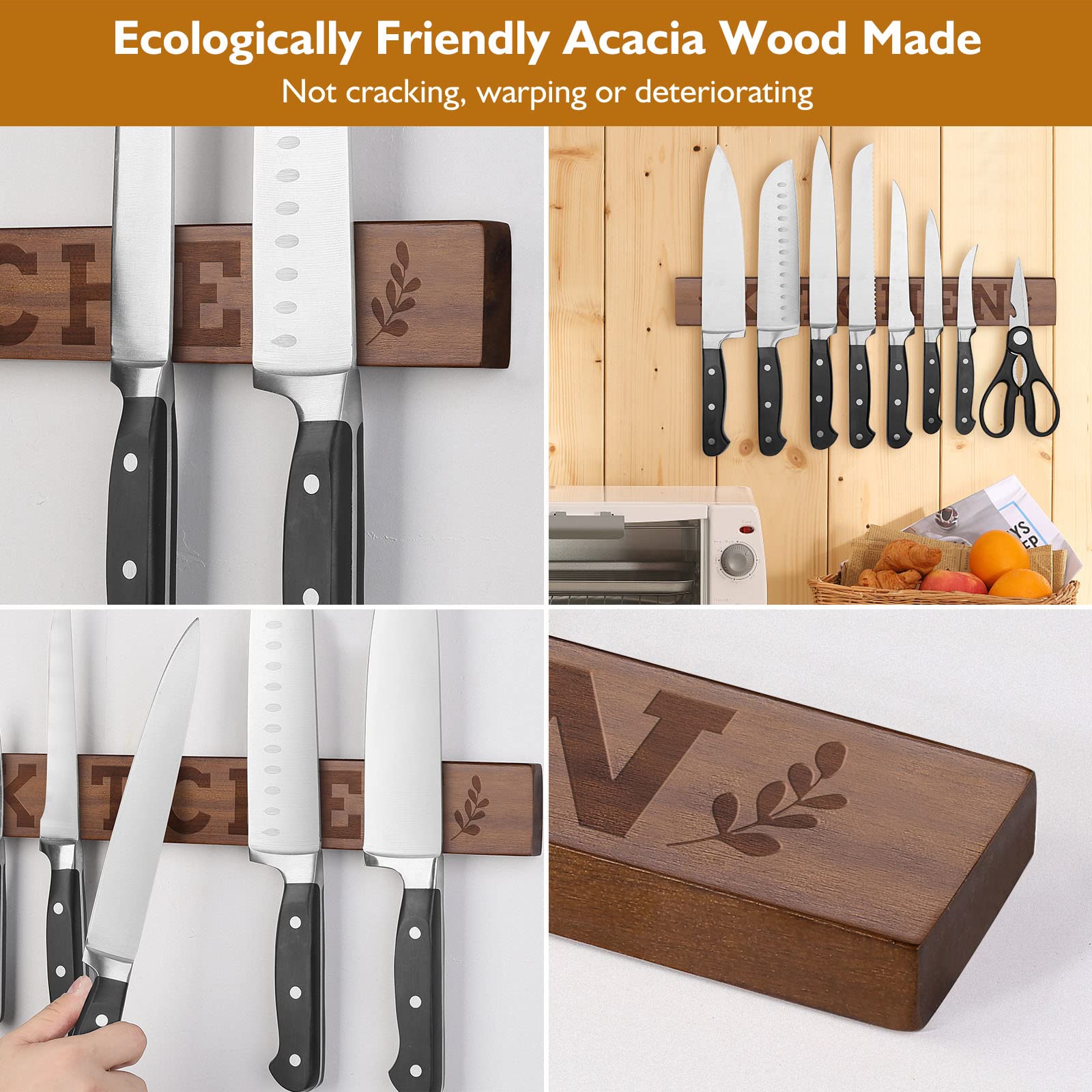 Faivykyd Acacia Wooden Magnetic Knife Holder for Wall, 16 Inches No Drill Knife Magnetic Strip - Kitchen Sign, Knives Rack, Kitchen Decor, Magnetic Utensil Holder, Housewarming Gifts