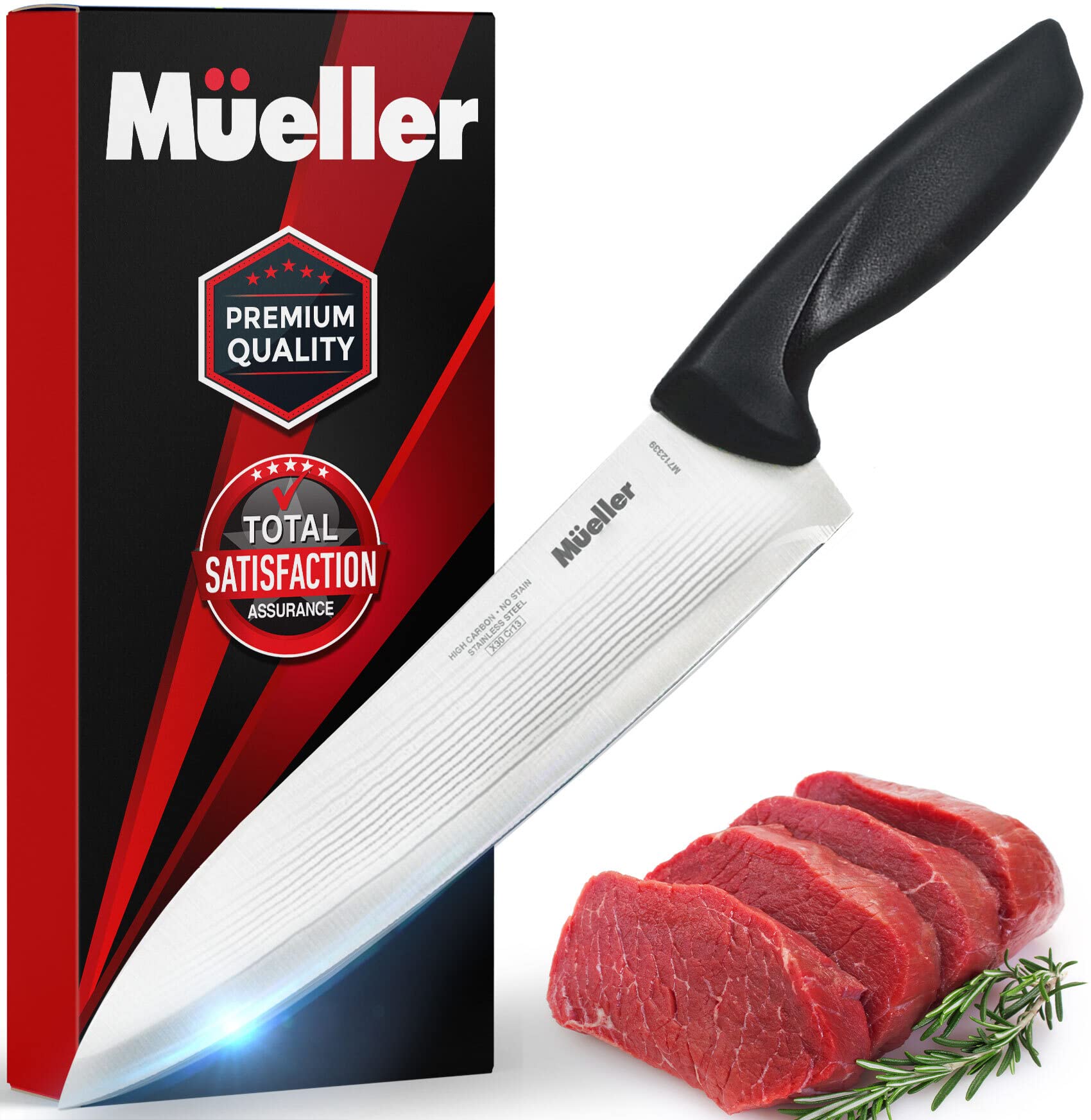 Mueller Professional Chef Knife, 8" Sharp Stainless Steel Kitchen Knife with Ergonomic Handle, Chopping Knife for Meat, Vegetables