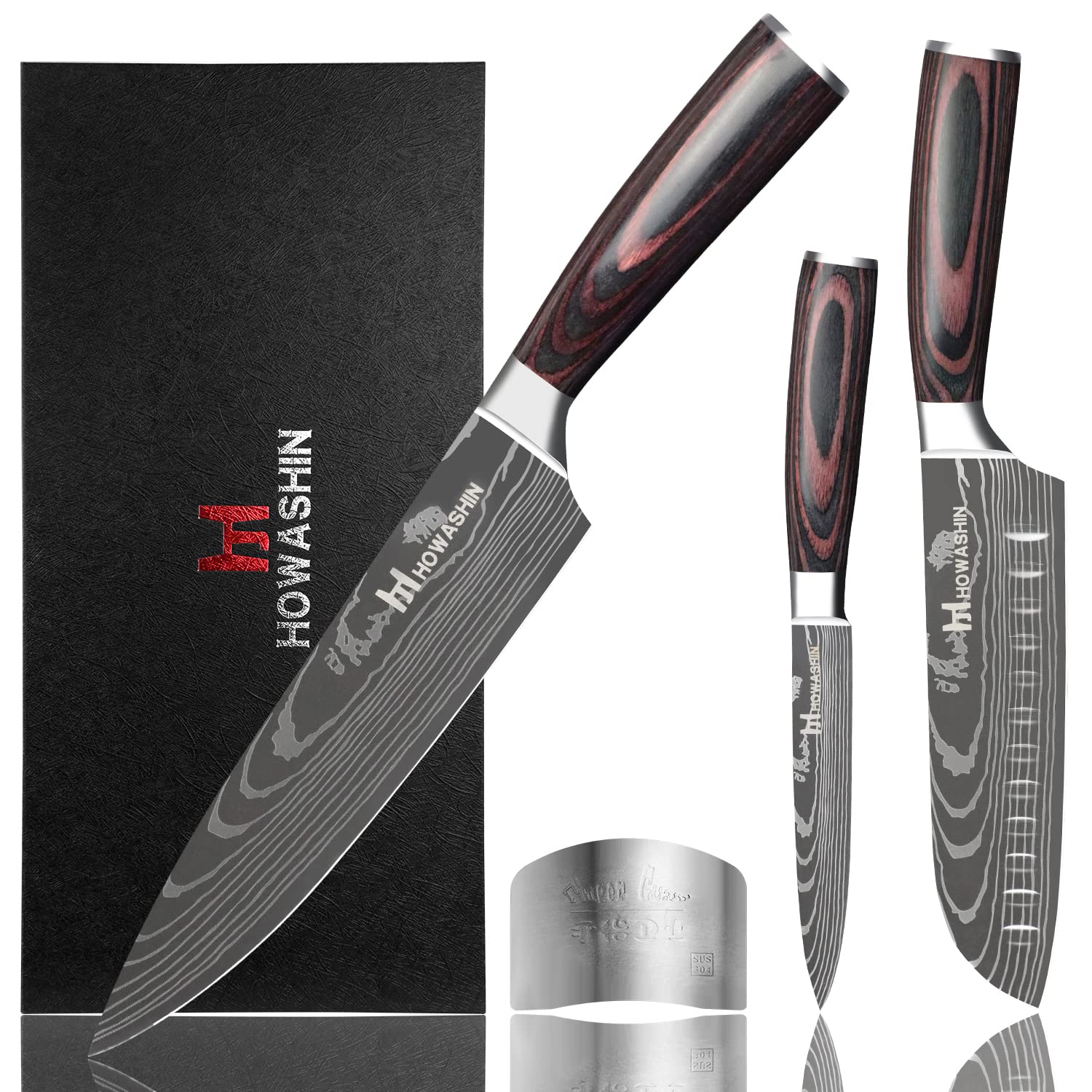 Howashin 3Pcs Knife Set Professional Kitchen Knife Set Stainless Steel Janpanene Chef Knife Ergonomic Colour Wood Handle With Finger Guard and Christmas Gift Box