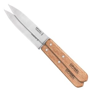 opinel no. 102 paring knives 2 piece set, carbon steel everyday use prep knives for chopping, peeling, slicing, trimming, stabilized sustainably harvested beechwood handles, made in france