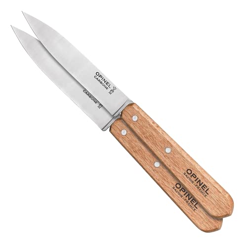 Opinel No. 102 Paring Knives 2 PIECE SET, Carbon Steel Everyday Use Prep Knives for Chopping, Peeling, Slicing, Trimming, Stabilized Sustainably Harvested Beechwood Handles, Made in France