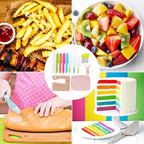 12 Pieces Kids Knifes Set Include Plastic Safe Toddler Knife Wooden Cutting Knifes Child Kitchen Knife Serrated Edges with Cutting Board Stainless Steel Potato Slicers Crocodile Chef Crinkle Cutter