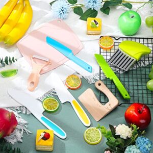 12 Pieces Kids Knifes Set Include Plastic Safe Toddler Knife Wooden Cutting Knifes Child Kitchen Knife Serrated Edges with Cutting Board Stainless Steel Potato Slicers Crocodile Chef Crinkle Cutter